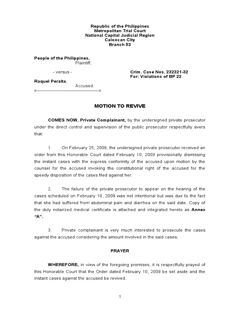 Motion To Revive-FBR | PDF | Prosecutor | Legal Procedure