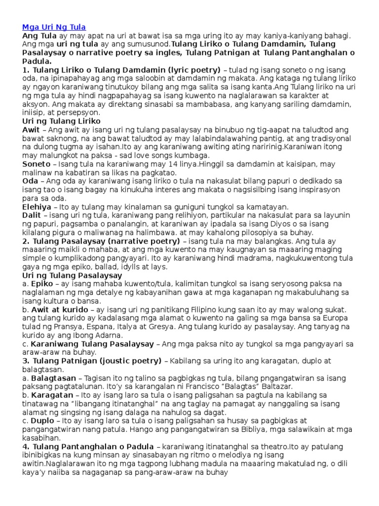 Mga Uri NG Tula | PDF