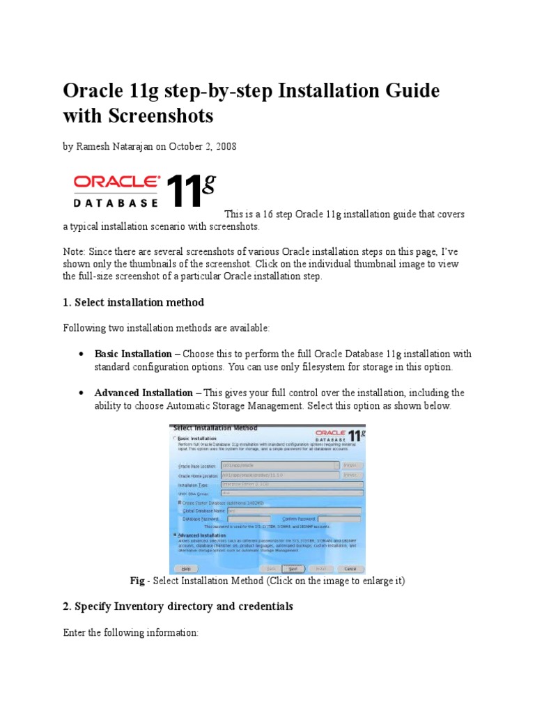 Oracle 11g Step-By-Step Installation Guide With Screenshots | PDF | Oracle Database | Databases