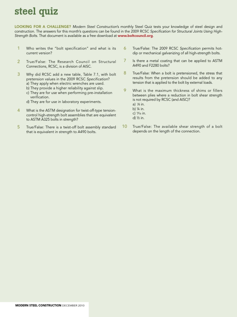 Understanding High-Strength Bolts: Answers to the Steel Quiz Questions ...