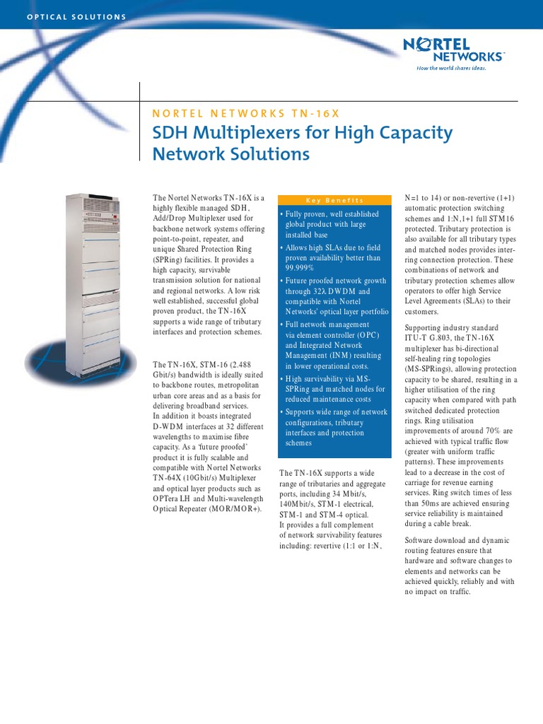 SDH Multiplexers For High Capacity Network Solutions: Nortel Networks Tn-16X | PDF | Wavelength ...