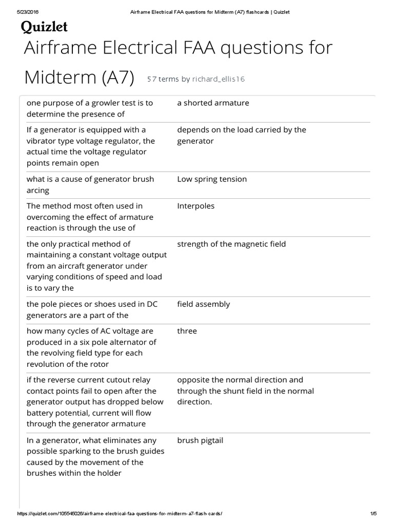 FAA Airframe Electrical Midterm Quizlet | PDF | Inductor | Electric Motor