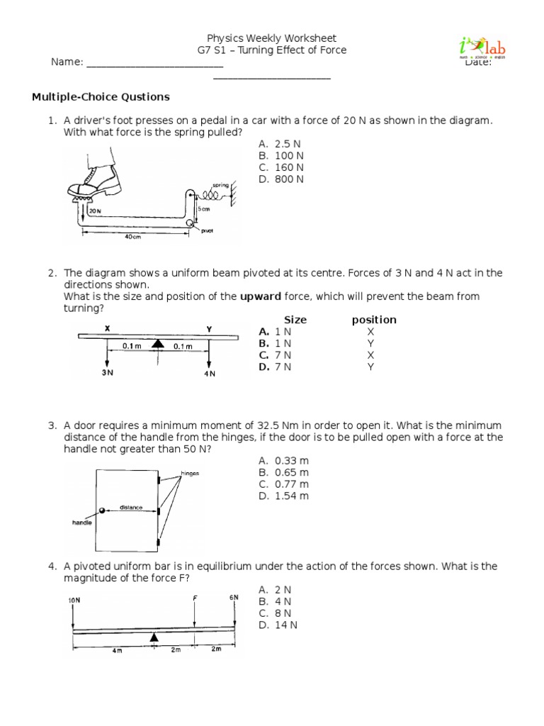 Year 7 Turning Effect of Force Worksheet | PDF | Force | Mass