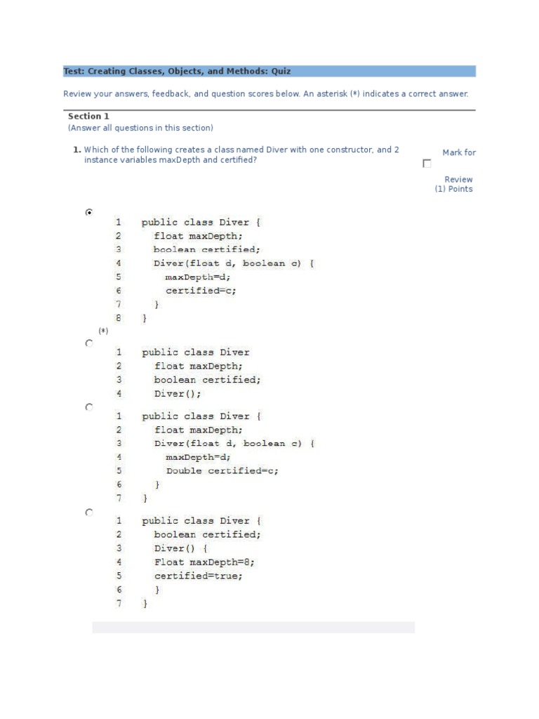 Section 1 Test Creating Classes Objects And Methods Quiz Pdf Method Computer