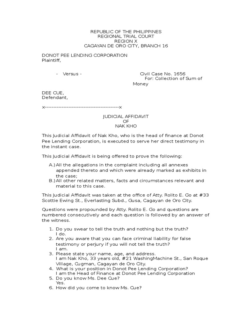 Sample Judicial Affidavit | Affidavit | Testimony