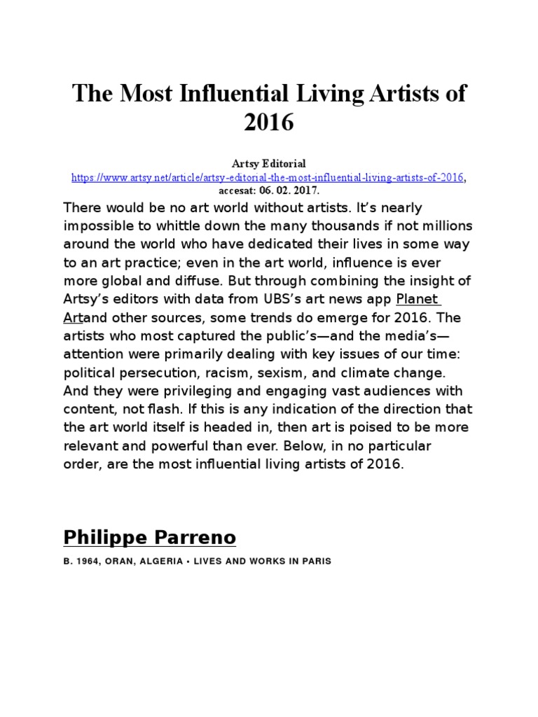 The Most Influential Living Artists of 2016 | PDF | Library And Museum ...