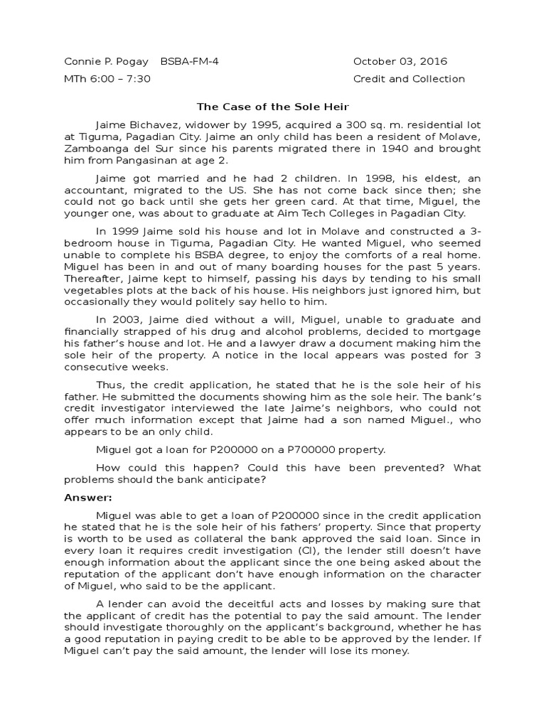 The Case of The Sole Heir | PDF | Credit (Finance) | Loans