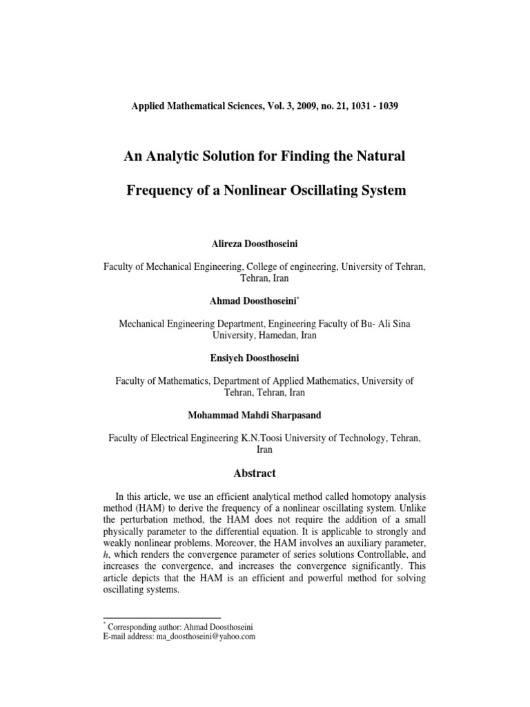 An Analytic Solution For Finding The Natural Frequency of A Nonlinear ...