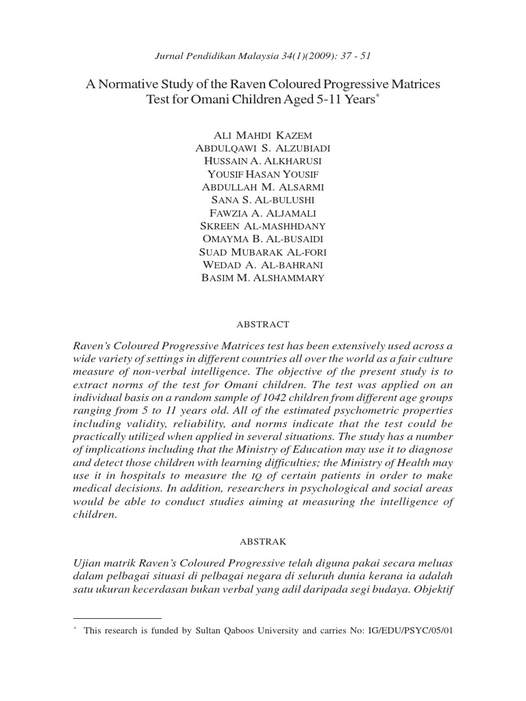 Raven's Coloured Progressive Matrices Test Norms for Omani Children ...