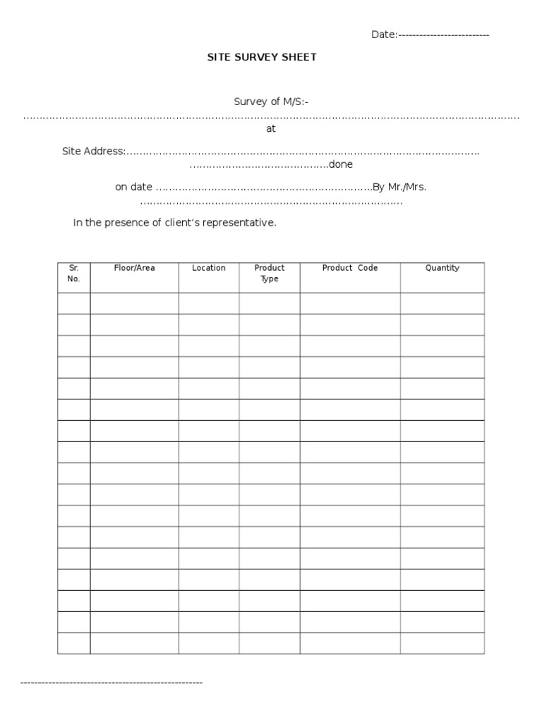 Site Survey Sheet: Sr. No. Floor/Area Location Product Type Product ...