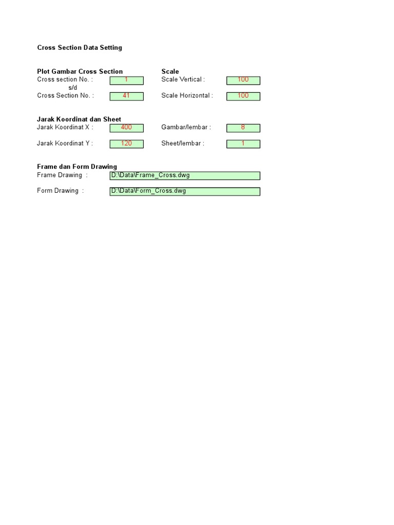 Cross Section Data Sheet for Sample Project Providing Elevation and ...