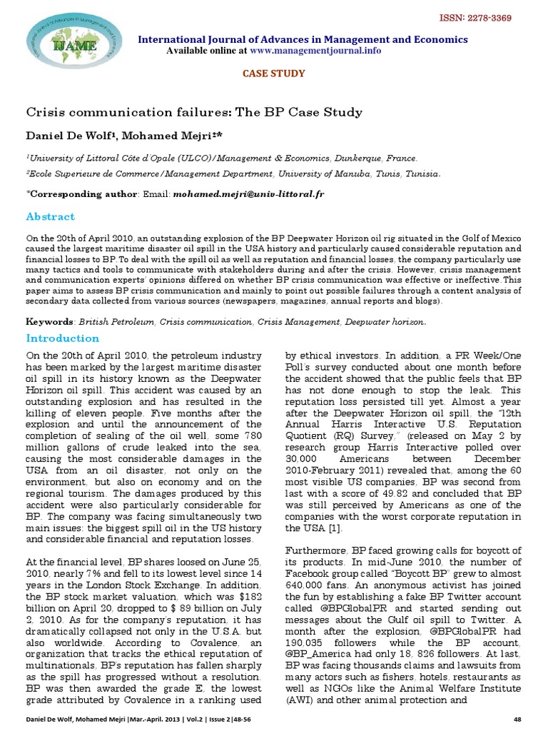 Crisis Communication Failures: The BP Case Study: Daniel de Wolf, Mohamed Mejri | PDF