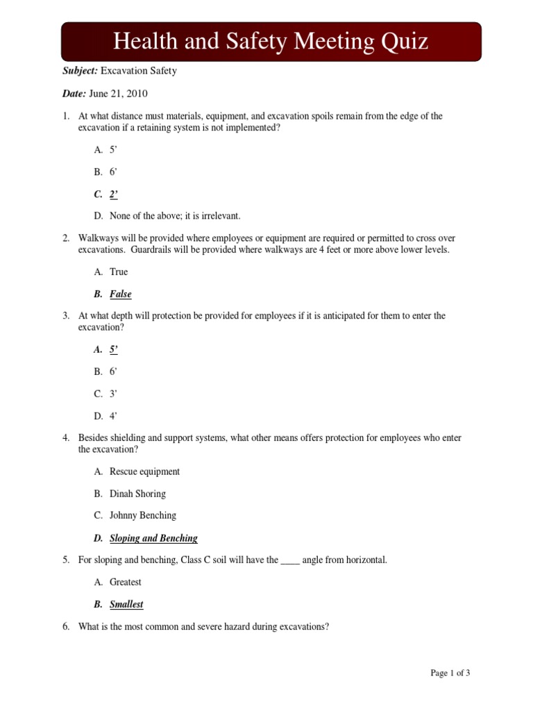 Health and Safety Meeting Quiz | PDF | Excavation (Archaeology) | Safety