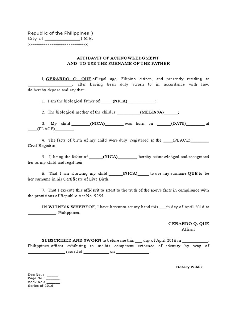 Affidavit of Acknowledgment and to Use Surname