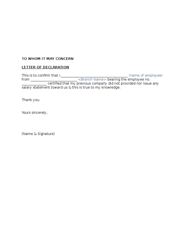 To Whom It May Concern Letter of Declaration: (Name of Employee) | PDF