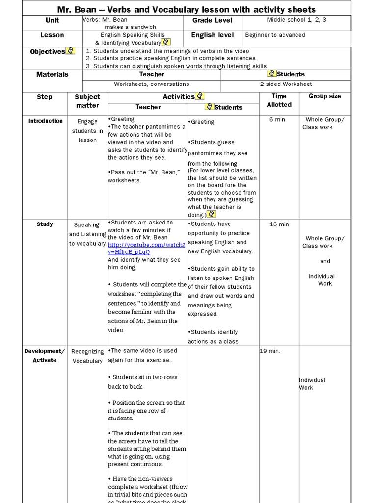 Verbs and Vocabulary With MR - Bean - Lesson Plan and Activity Sheets ...
