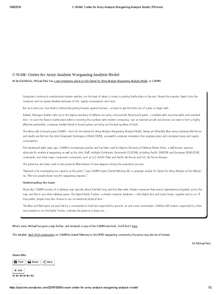 C-WAM - Center For Army Analysis Wargaming Analysis Model - PAXsims ...