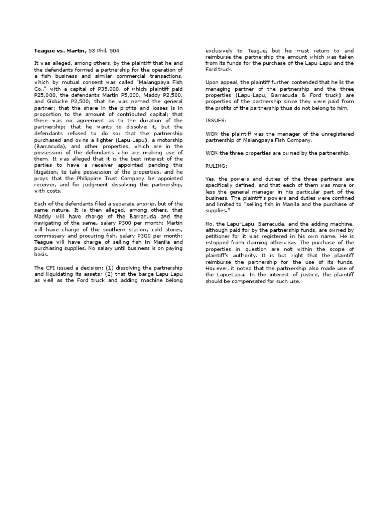 Teague vs. Martin, 53 Phil. 504 | PDF | Partnership | Common Law