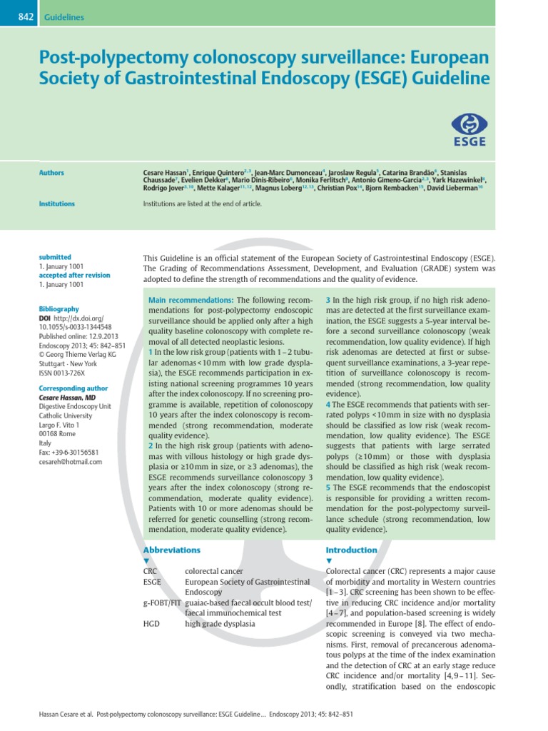 Post-Polypectomy Colonoscopy Surveillance: European Society of ...