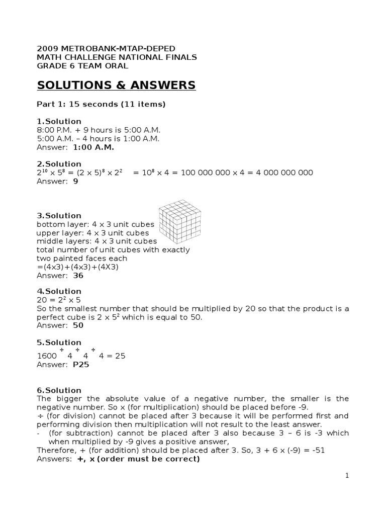 Answer Key For Metrobank-MTAP-DepEd Math Challenge 2004-2015 Reviewers For Grade 6 | PDF