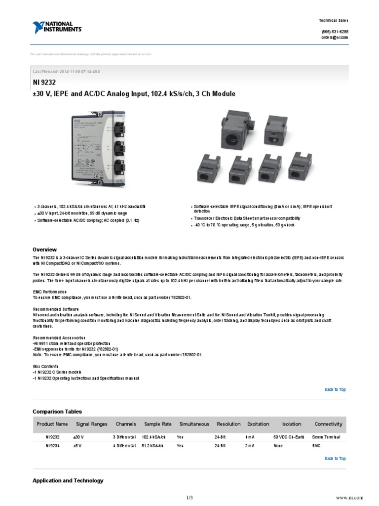 NI 9232 30 V, IEPE and AC/DC Analog Input, 102.4 KS/S/CH, 3 CH Module ...