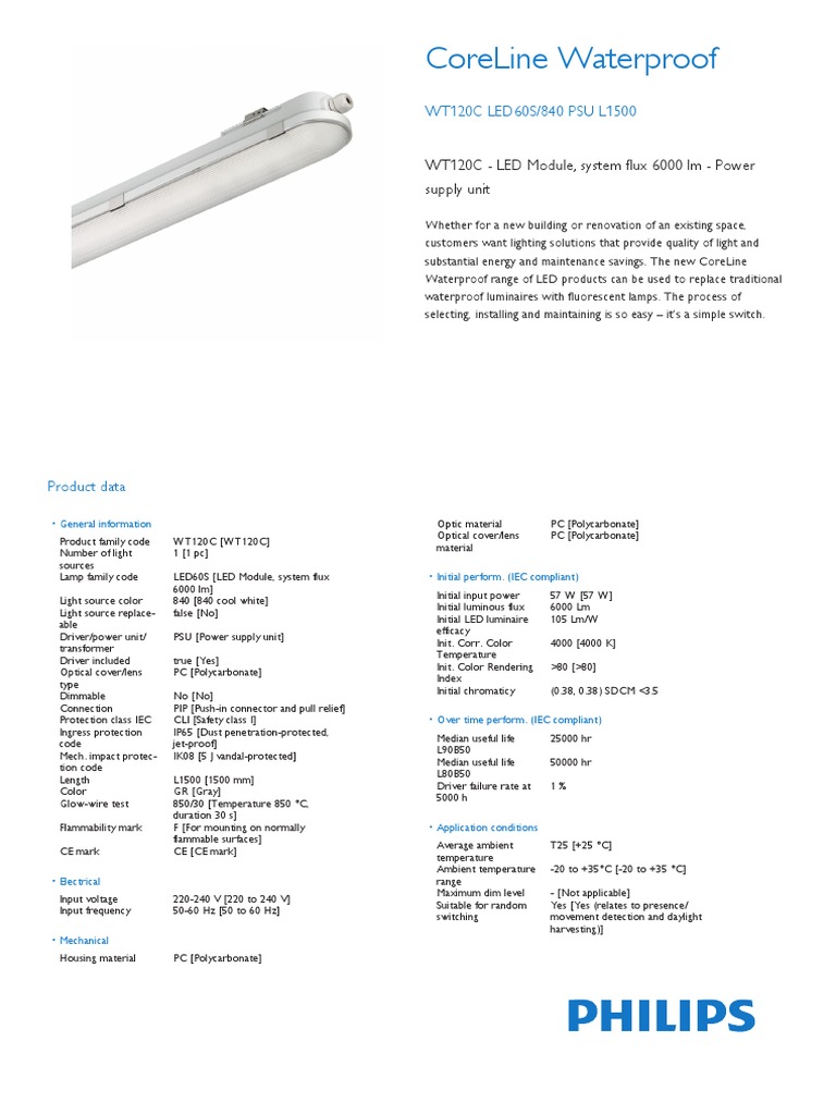 Coreline Waterproof: Wt120C Led60S/840 Psu L1500 | PDF | Light Emitting ...