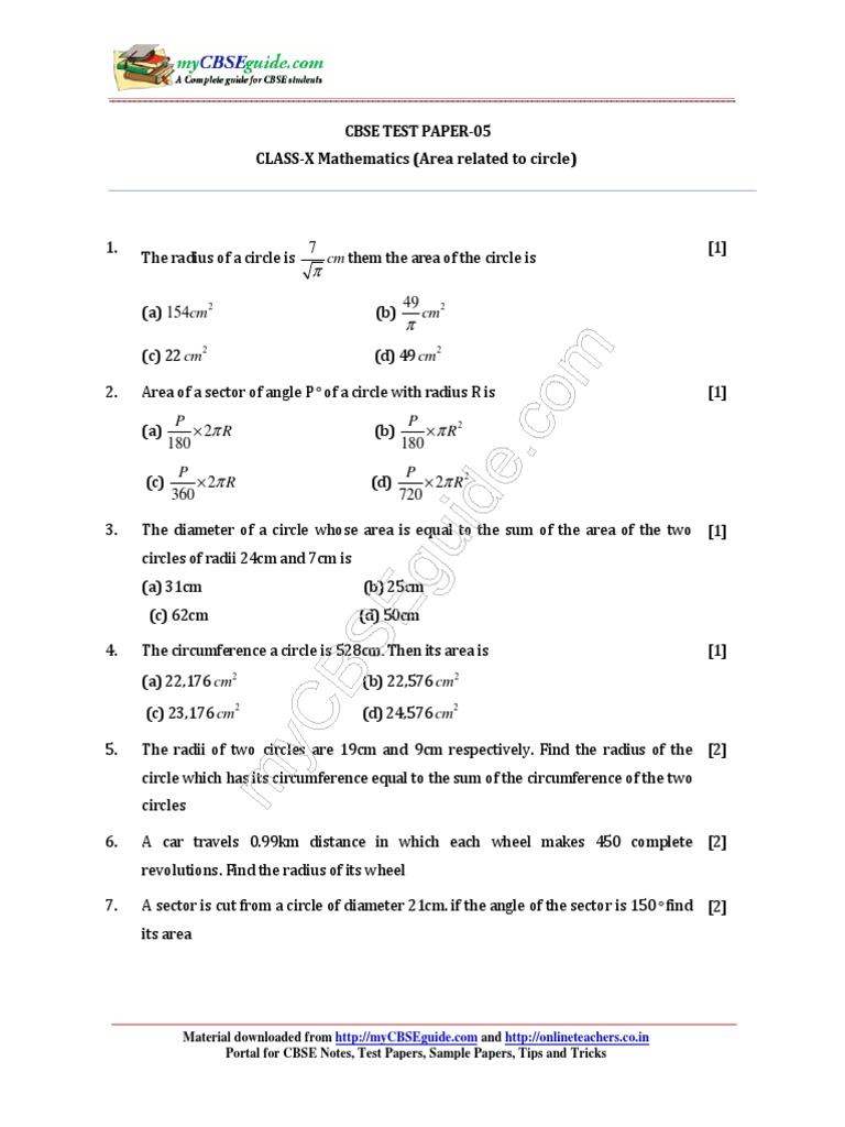 10 Mathematics Area Related To Circle Test 05 | PDF | Circle ...
