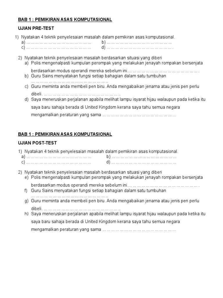Soalan Pre Dan Post Test Asas Sains Komputer Ting 1 | PDF
