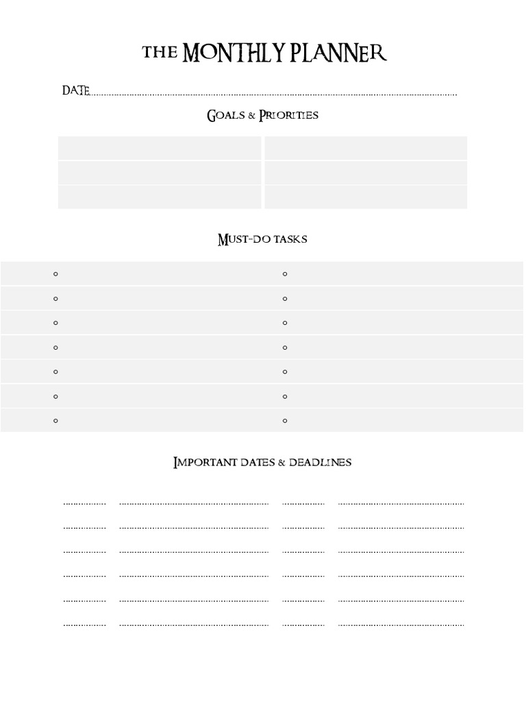 Monthly Planning Guide: Goals, Tasks and Important Dates for [MONTH] | PDF