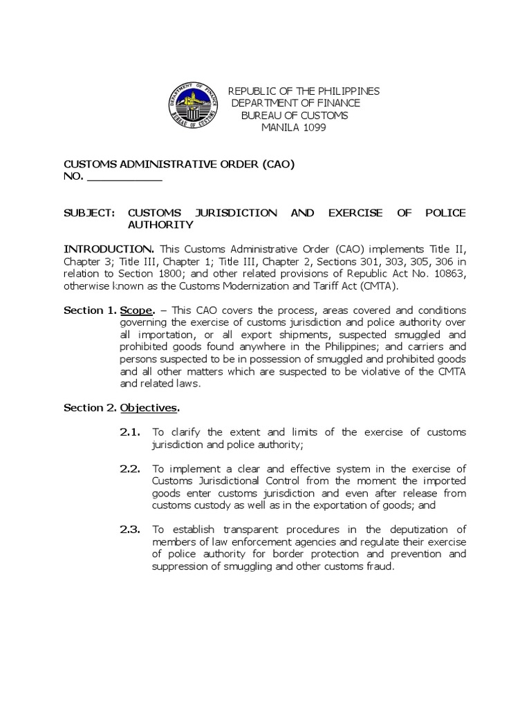 Draft PH Customs Jurisdiction and Exercise of Police Authority ...