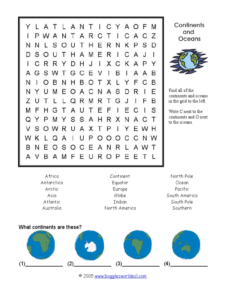 Continents Oceans Wordsearch-1 | PDF