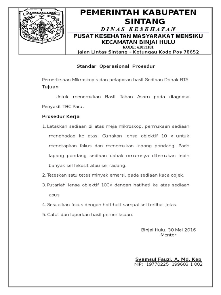 SOP 8 Pemeriksaan Mikroskopis Dan Pelaporan Hasil Sediaan Dahak BTA | PDF