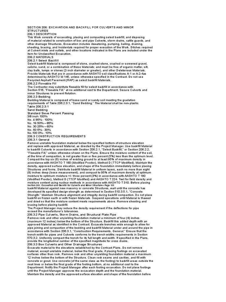 Section 206: Excavation and Backfill For Culverts and Minor Structures ...