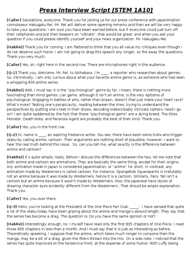 Press Conference Script Stem1a10 | PDF | Anime | Leisure