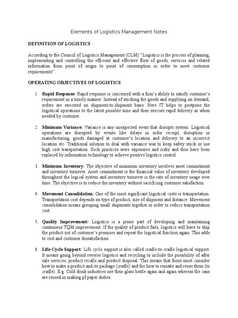 Elements of Logistics Management Notes | PDF | Logistics | Inventory