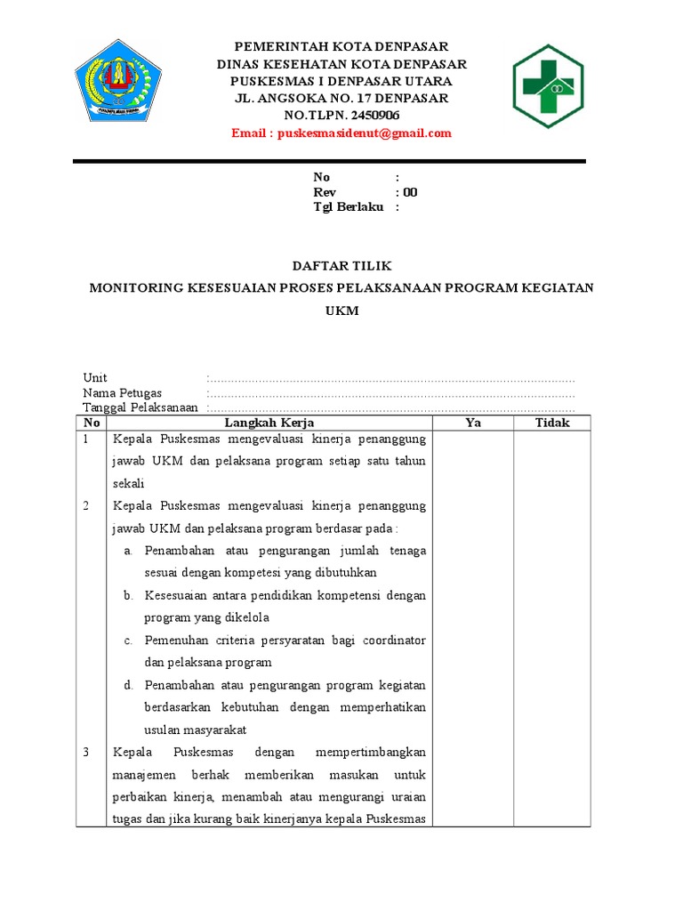 Daftar Tilik Monitoring Kesesuaian Proses Pelaksanaan Program Kegiatan Ukm | PDF