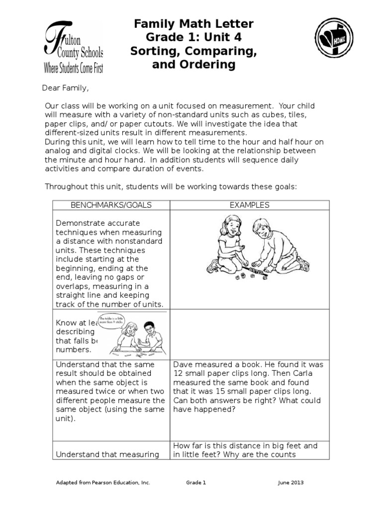 Family Math Letter Grade 1: Unit 4 Sorting, Comparing, and Ordering ...