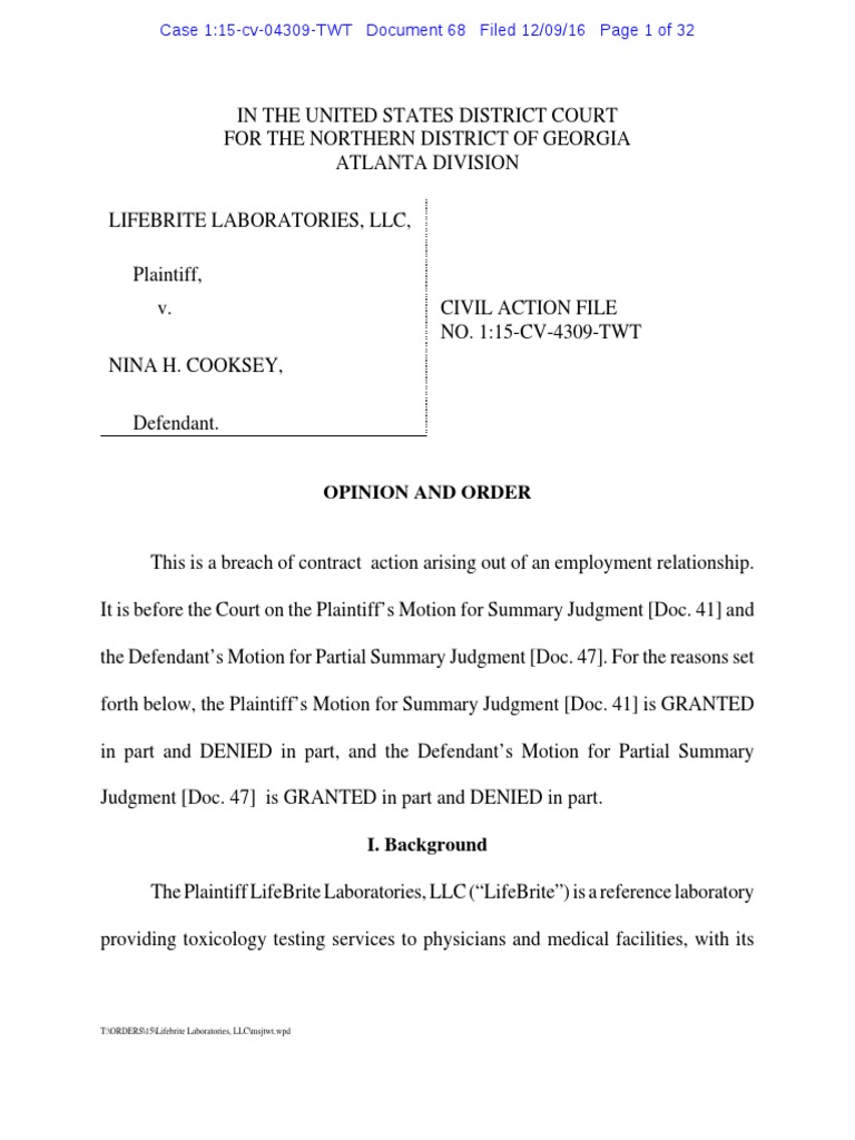 LifeBrite Labs. v. Cooksey (Georgia) | PDF | Summary Judgment | Legal ...