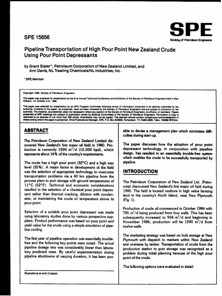 SPE 15656 Pipeline Transportation of High Pour Point New Zeaiand Crude ...