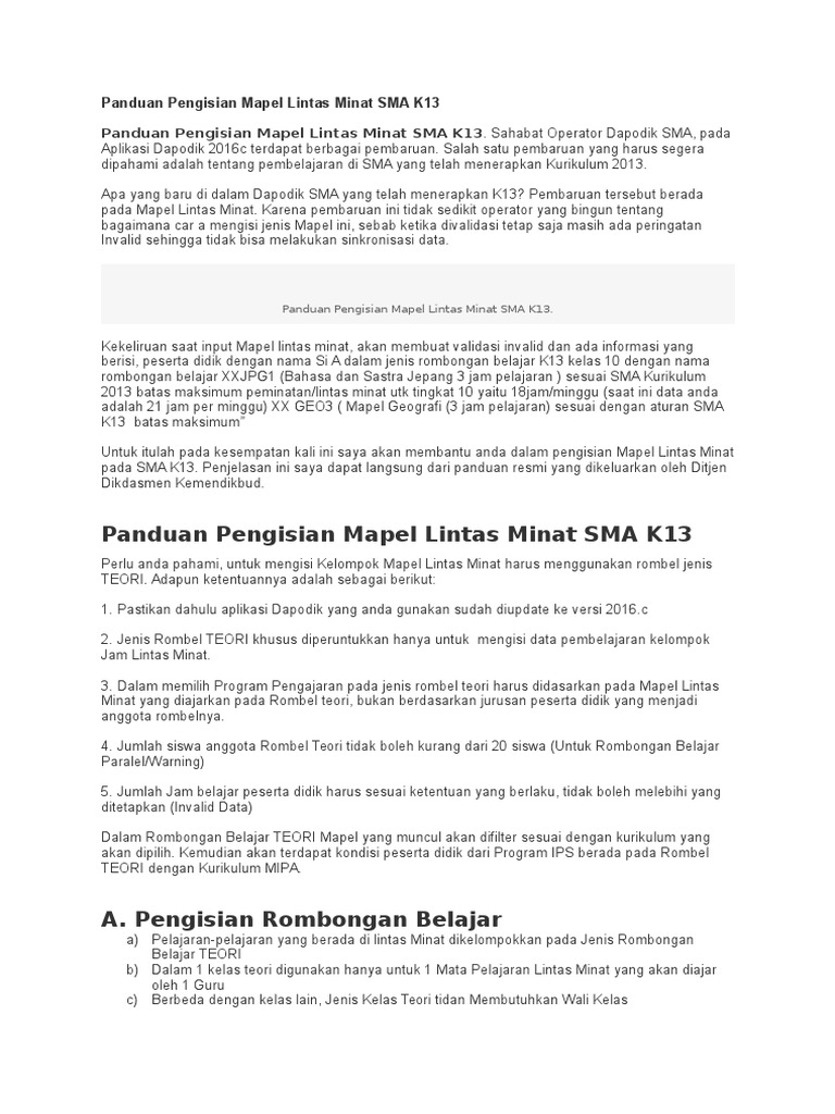 Panduan Pengisian Mapel Lintas Minat SMA K13 | PDF