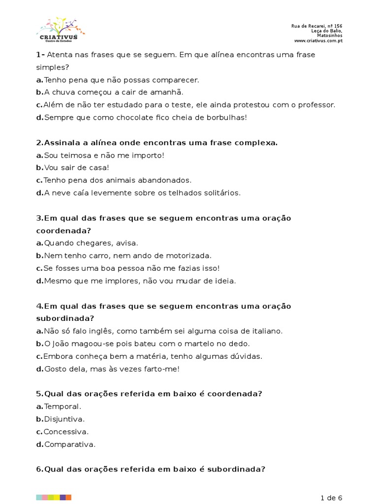Exercícios Frases Complexas 2 | PDF | Sintaxe | Linguística