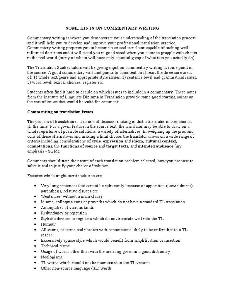 Some Hints On Commentary Writing | PDF | Idiom | Translations