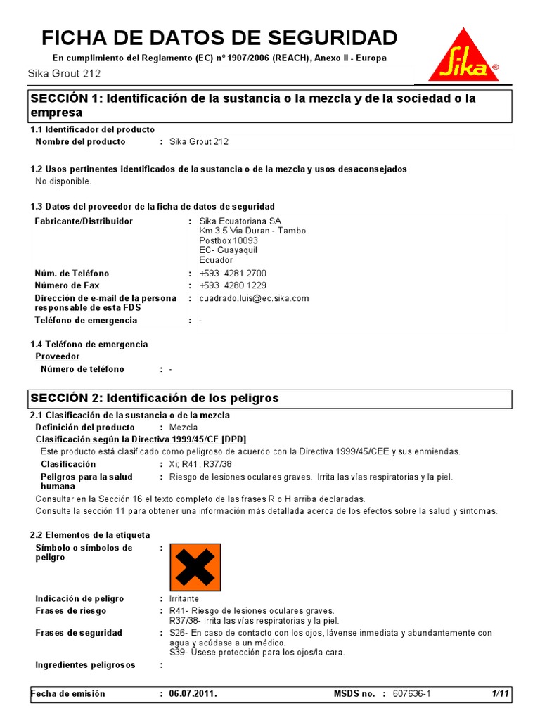 Sika_Grout_212_MSDS | Toxicity | Water