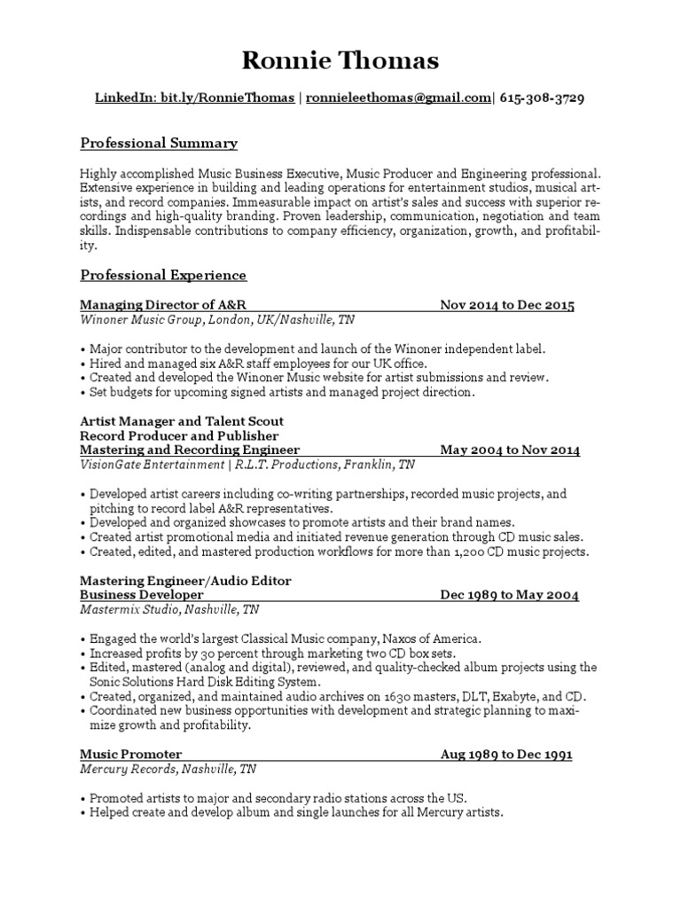 Resume-Ronnie Thomas 2017 | PDF | Record Label | Music Industry