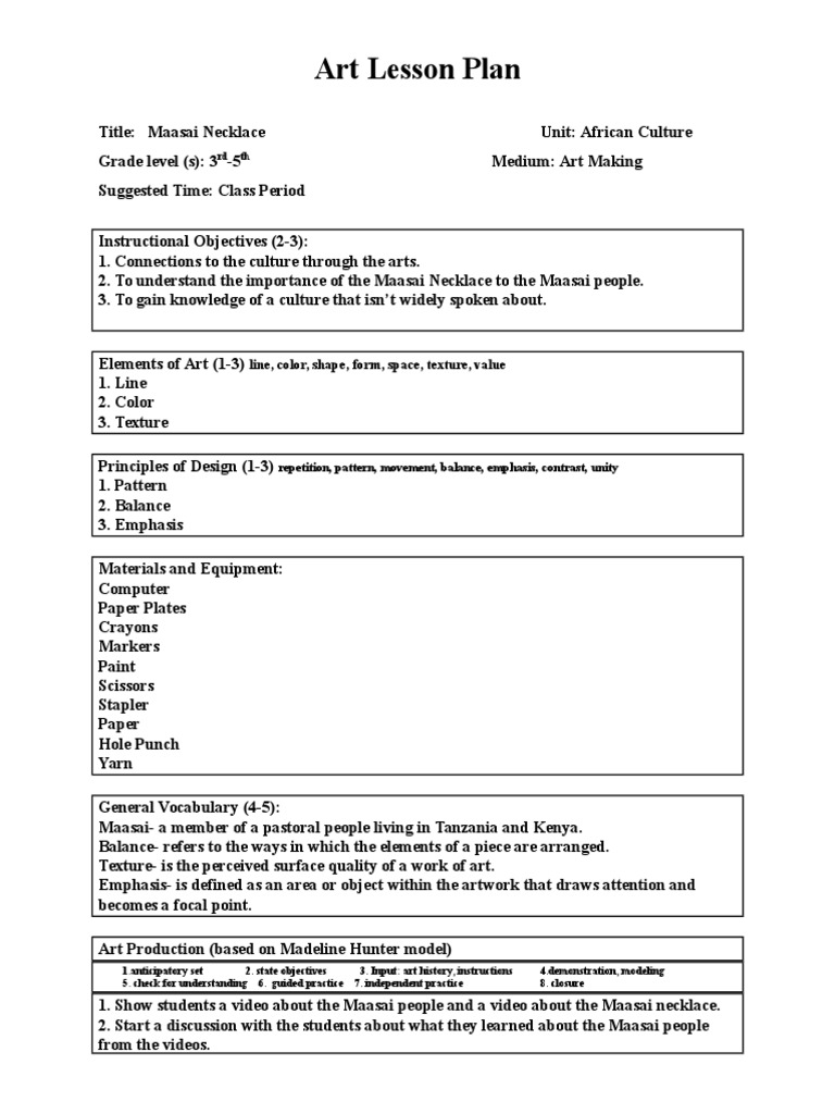 Art Lesson Plan: Line, Color, Shape, Form, Space, Texture, Value ...