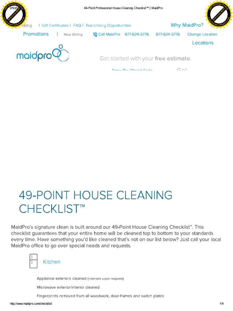 49-Point Professional House Cleaning Checklist™ - MaidPro | PDF