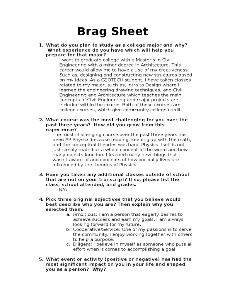 Brag Sheet | PDF | Concept | Course Credit