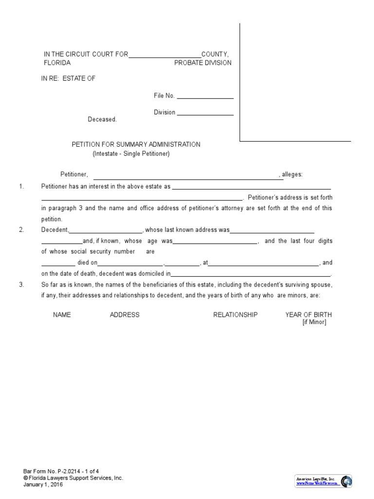 Florida Petition for Summary Administration | PDF | Probate | Intestacy