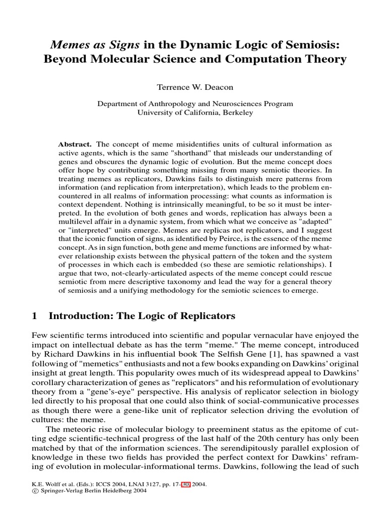 Terrence Deacon - Memes As Signs | PDF | Meme | Emergence
