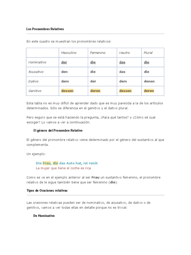 Los Pronombres Relativos | PDF | Género gramatical | Plural